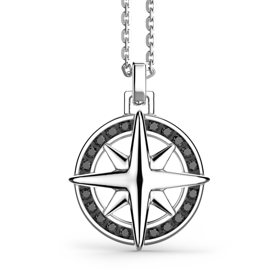 Silver Necklace with Wind Rose pendant & Black Stones – Bijouterie Jodoin